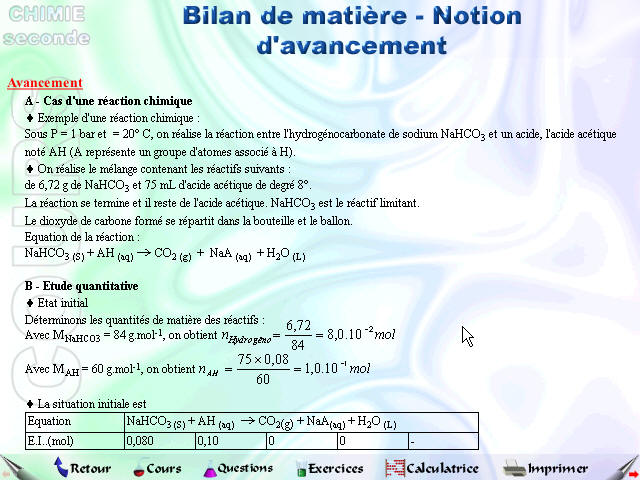 4 - BILAN DE MATIERE - NOTION D'AVANCEMENT : Cours - Questions - Exercices